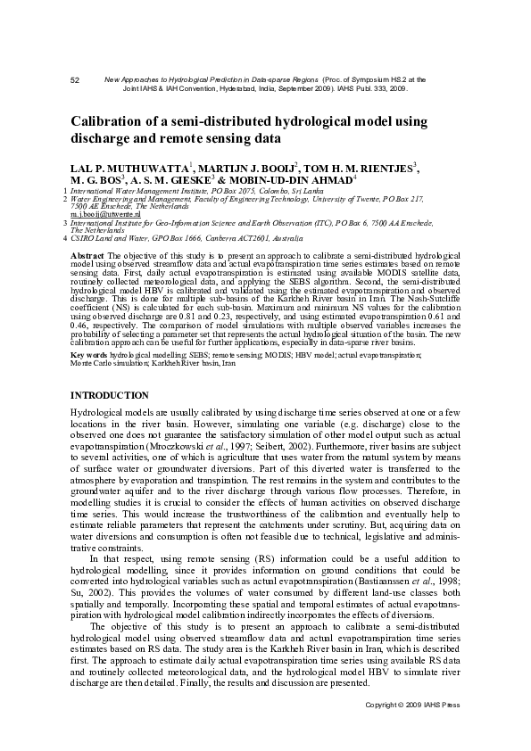Pdf Calibration Of A Semi Distributed Hydrological Model Using Discharge And Remote Sensing Data