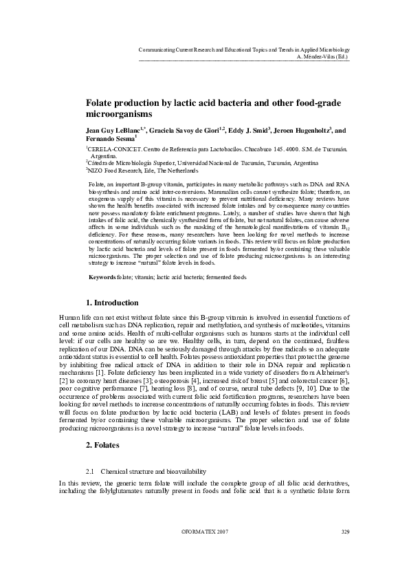 (PDF) Folate production by lactic acid bacteria and other food-grade microorganisms