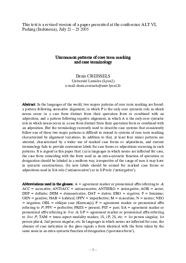 (PDF) Uncommon patterns of core term marking and case terminology