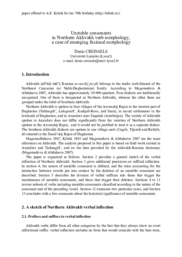(PDF) Unstable consonants in Northern Akhvakh verb morphology, a case ...