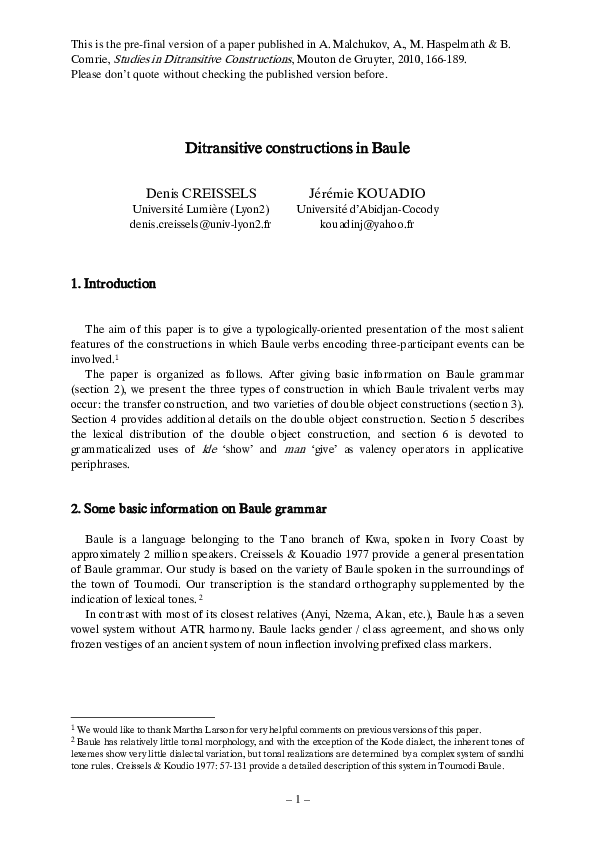 (PDF) Ditransitive constructions in Baule