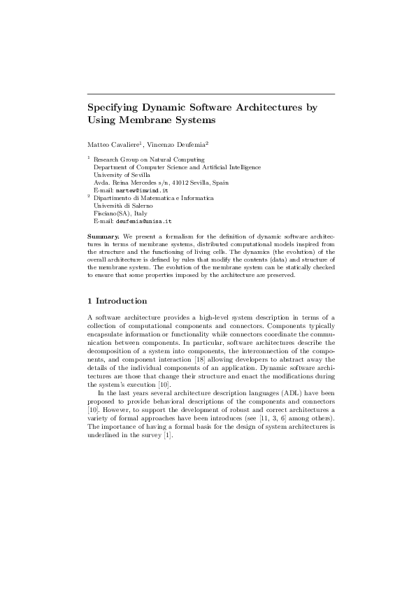 (PDF) Specifying dynamic software architectures by using membrane systems