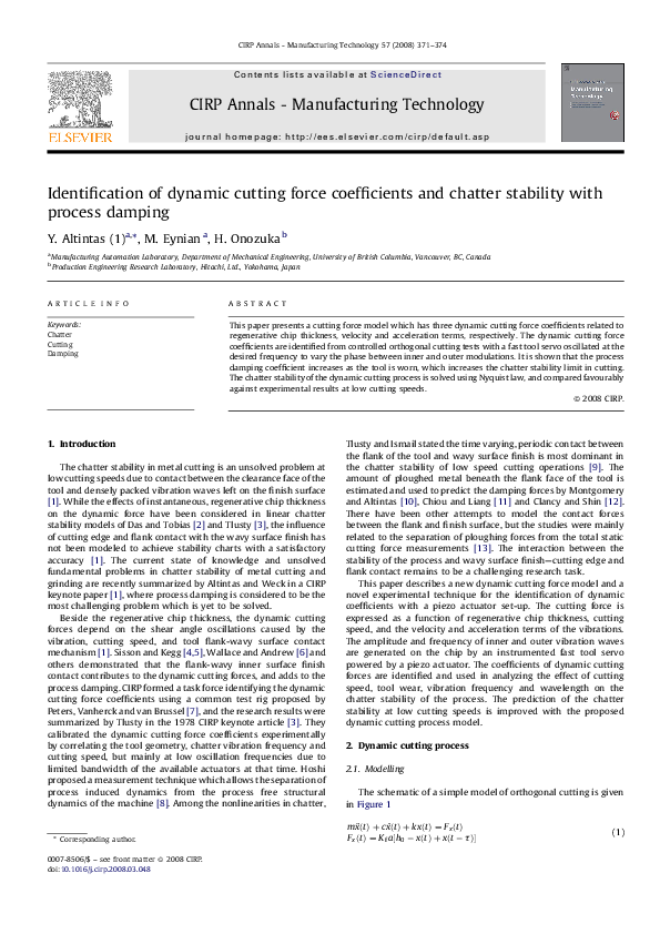 (PDF) Identification of dynamic cutting force coefficients and chatter stability with process ...