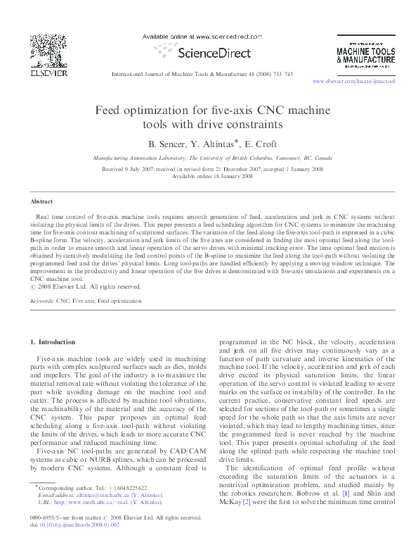 Pdf Feed Optimization For Five Axis Cnc Machine Tools With Drive