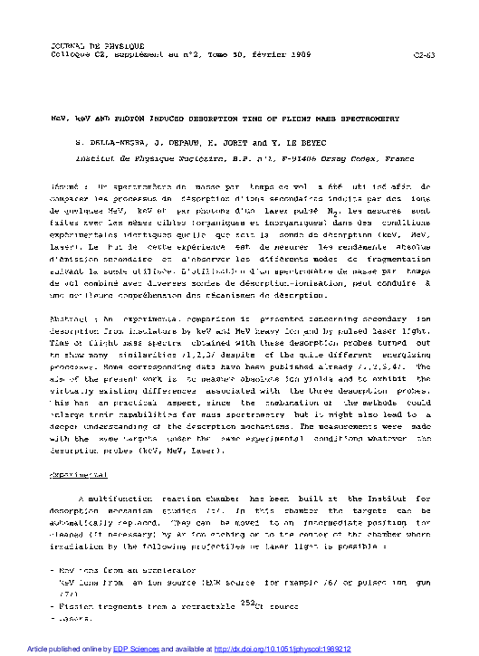 (PDF) MeV, keV AND PHOTON INDUCED DESORPTION TIME OF FLIGHT MASS ...