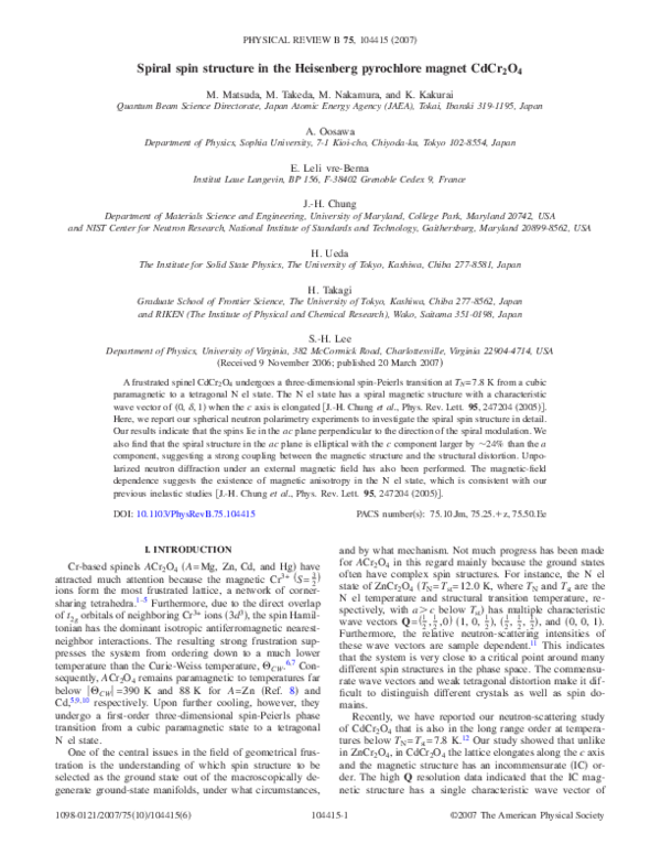(PDF) Spiral spin structure in the Heisenberg pyrochlore magnet CdCr2O4