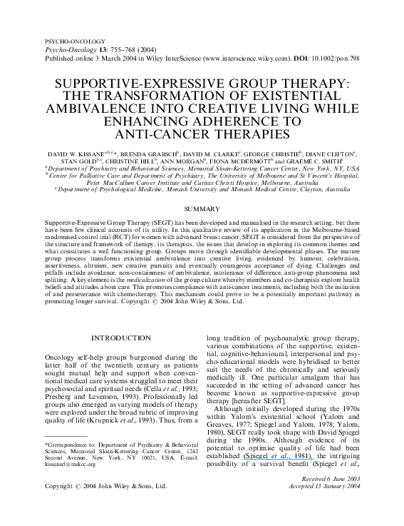 (PDF) Supportive-expressive group therapy: The transformation of ...
