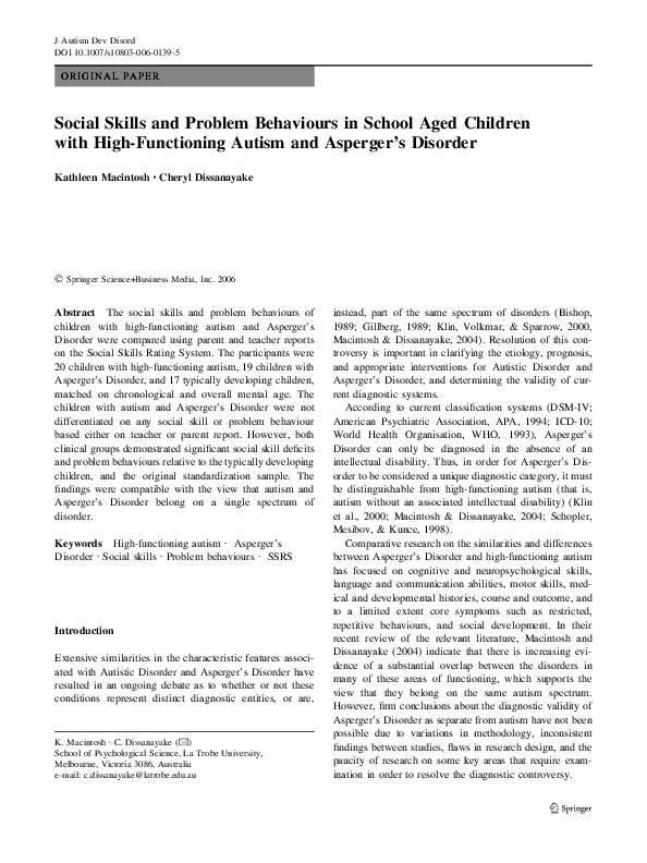 (PDF) Social Skills and Problem Behaviours in School Aged Children with High-Functioning Autism ...