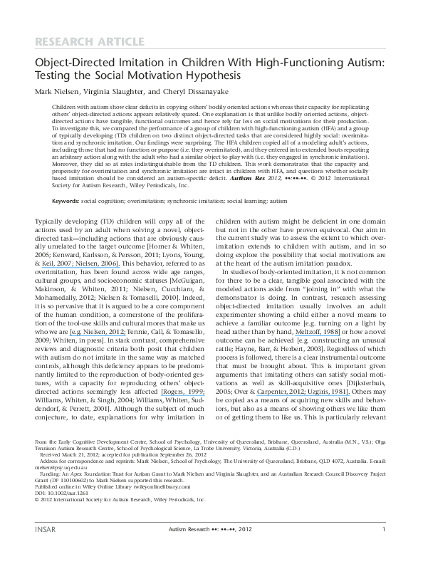 (PDF) Object-Directed Imitation in Children With High-Functioning ...