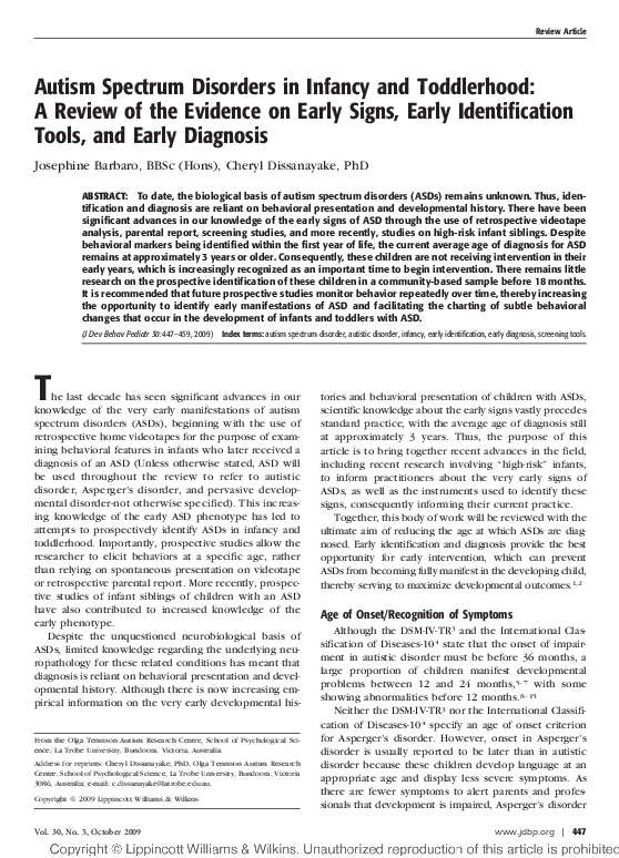 (PDF) Autism Spectrum Disorders in Infancy and Toddlerhood: A Review of the Evidence on Early ...