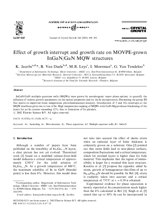 (PDF) Effect of growth interrupt and growth rate on MOVPE-grown InGaN/GaN MQW structures ...