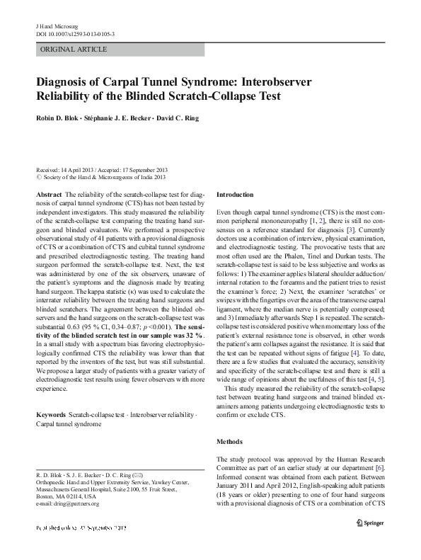 (PDF) Diagnosis of carpal tunnel syndrome: interobserver reliability of ...