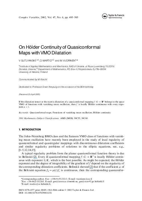 (PDF) On Hölder Continuity of Quasiconformal Maps with VMO Dilatation