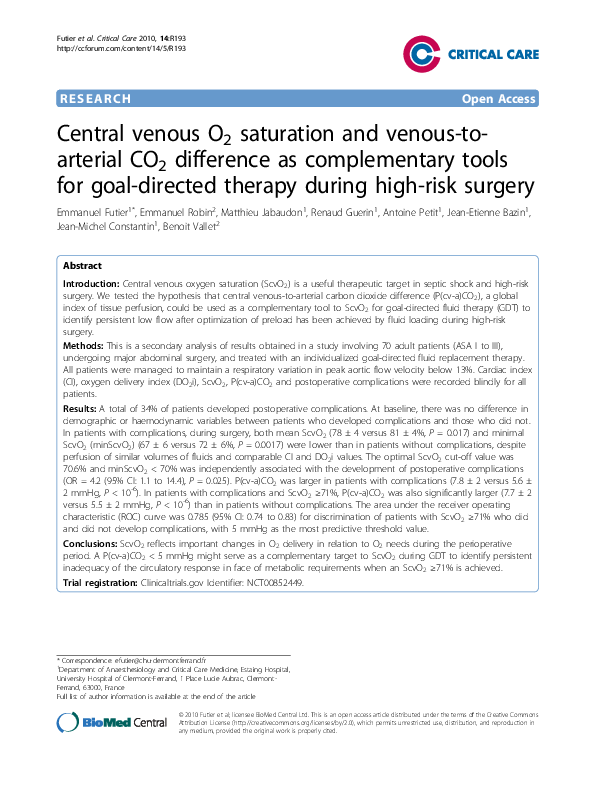 (PDF) Central venous O2 saturation and venous-to-arterial CO2 ...