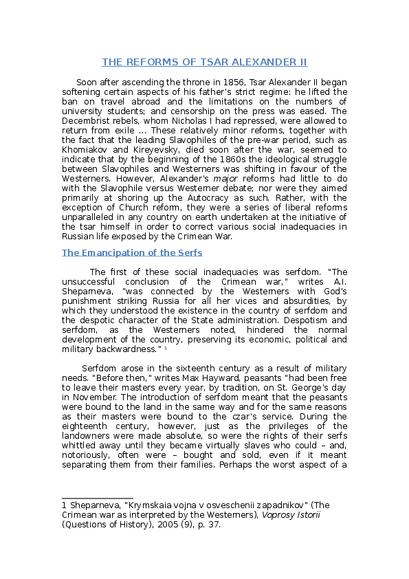 (DOC) THE REFORMS OF TSAR ALEXANDER II
