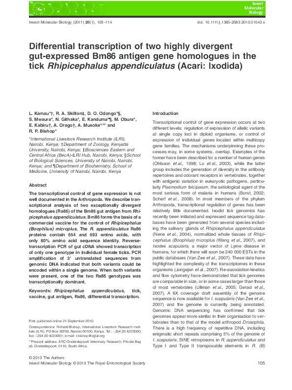 (PDF) Differential transcription of two highly divergent gut-expressed Bm86 antigen gene ...