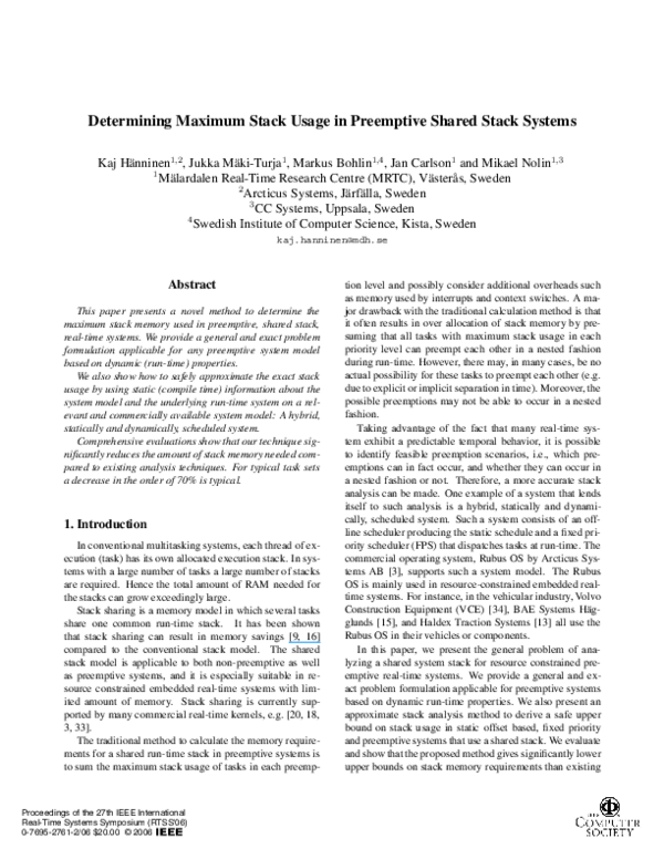 Pdf Determining Maximum Stack Usage In Preemptive Shared Stack Systems Jan Carlson
