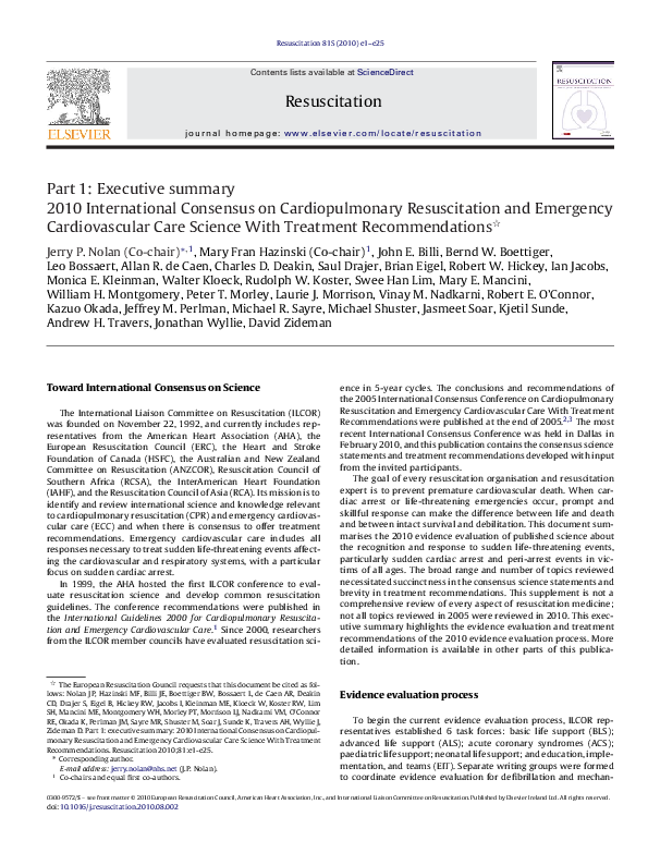(PDF) Part 1: Executive Summary: 2010 International Consensus on Cardiopulmonary Resuscitation ...