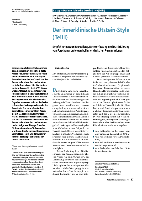 (PDF) Der innerklinische Utstein-Style (Teil I)