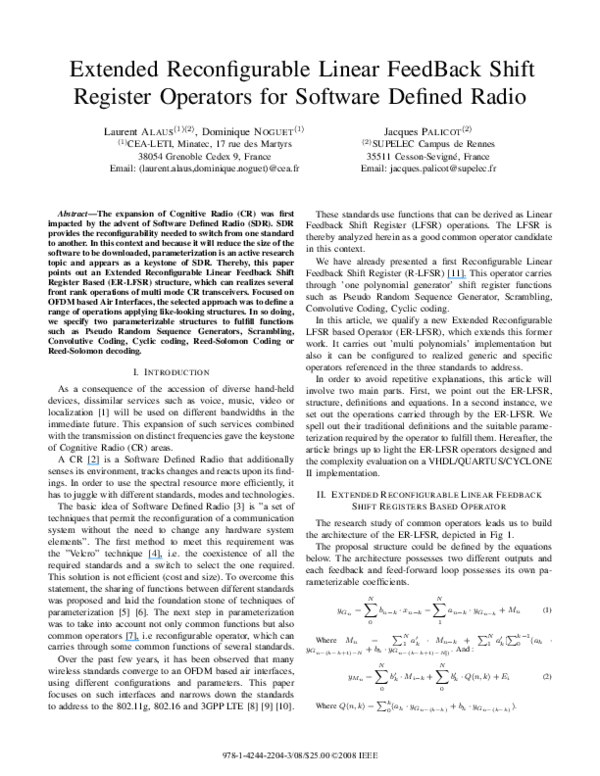 Pdf Extended Reconfigurable Linear Feedback Shift Register Operators For Software Defined Radio