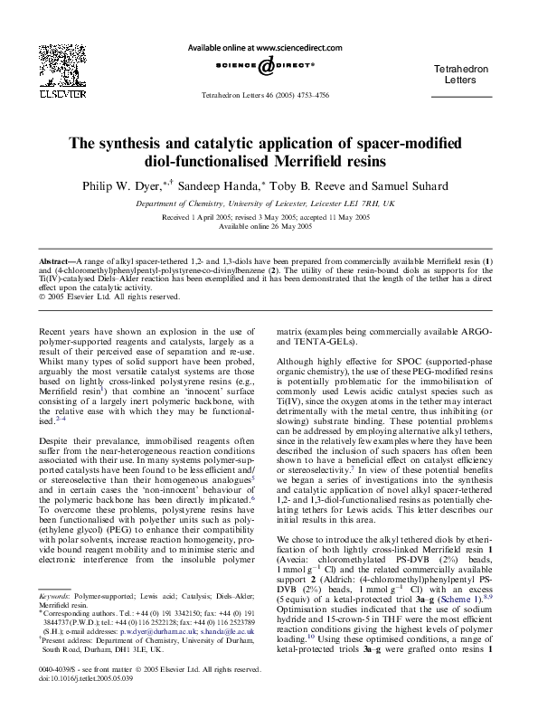 Pdf The Synthesis And Catalytic Application Of Spacer Modified Diol Functionalised Merrifield