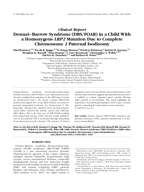 (PDF) Donnai–Barrow syndrome (DBS/FOAR) in a child with a homozygous ...
