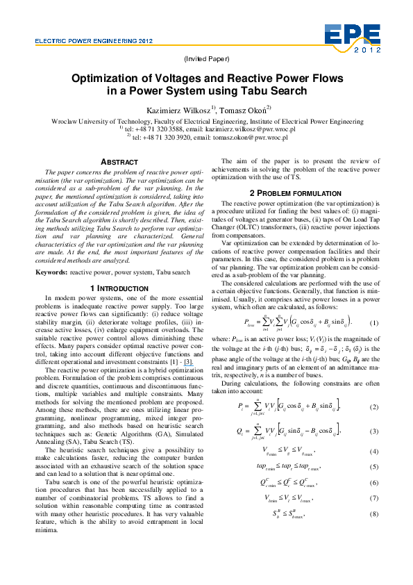 (PDF) Reactive Power Optimization in Power Systems via Tabu Search