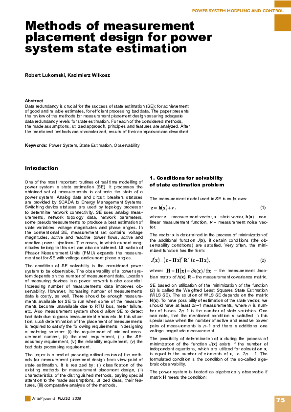 Pdf Methods Of Measurement Placement Design For Power System State Estimation