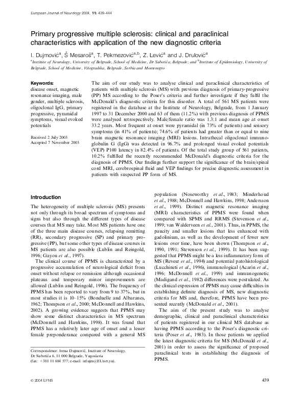 (PDF) Primary progressive multiple sclerosis: clinical and paraclinical characteristics with ...