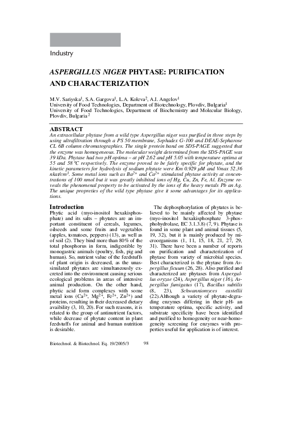 (PDF) Aspergillus Niger Phytase: Purification and Characterization | Angel Angelov - Academia.edu