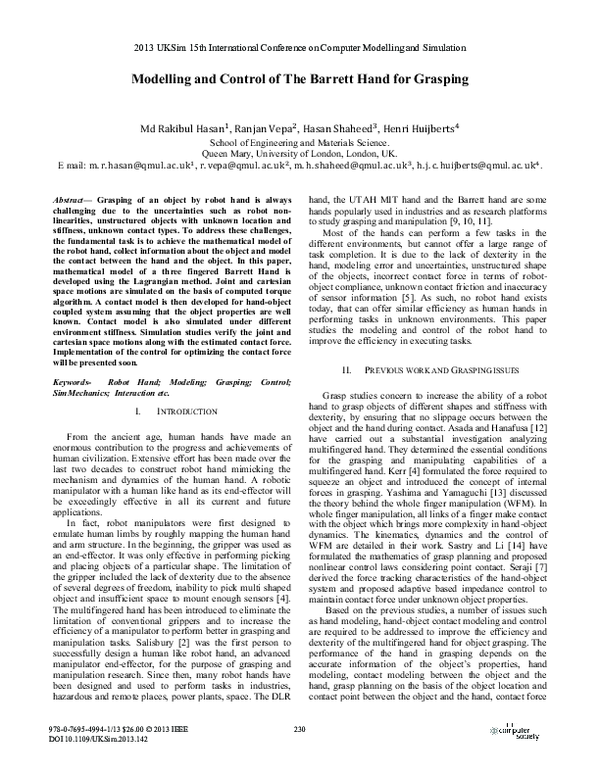 (PDF) Modelling and Control of the Barrett Hand for Grasping