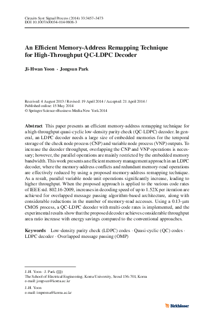 Pdf An Efficient Memory Address Remapping Technique For High Throughput Qc Ldpc Decoder