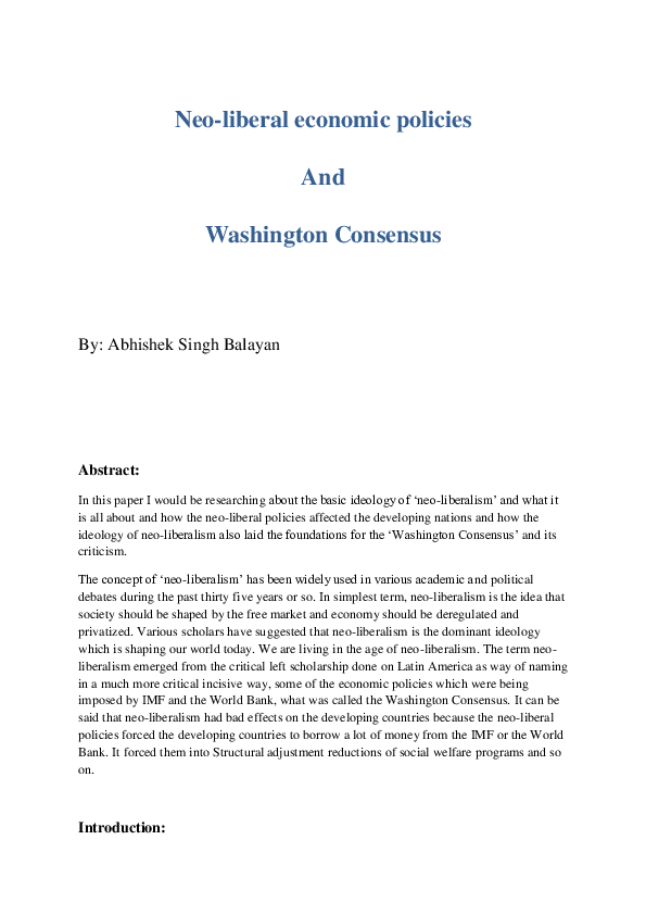 (PDF) Neo-liberal economic policies and Washington Consensus