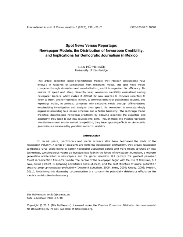 (PDF) Spot News Versus Reportage: Newspaper Models, the Distribution of ...