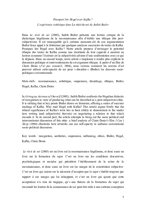 (DOC) Why Read Hegel with Kafka? (On Judith Butler's 'Giving an Account ...