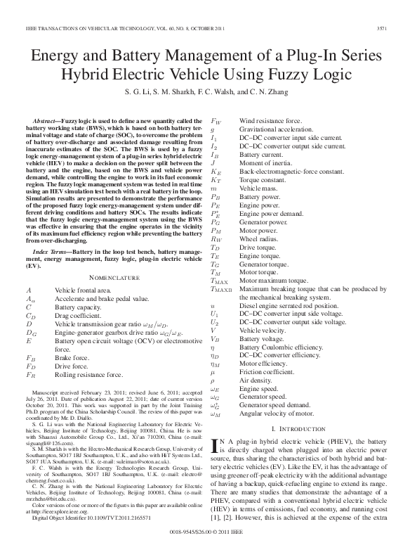 (PDF) Energy and Battery Management of a Plug-In Series Hybrid Electric Vehicle Using Fuzzy Logic