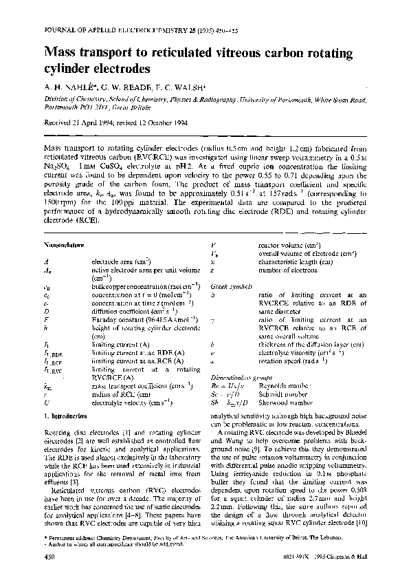 (PDF) Mass transport to reticulated vitreous carbon rotating cylinder electrodes