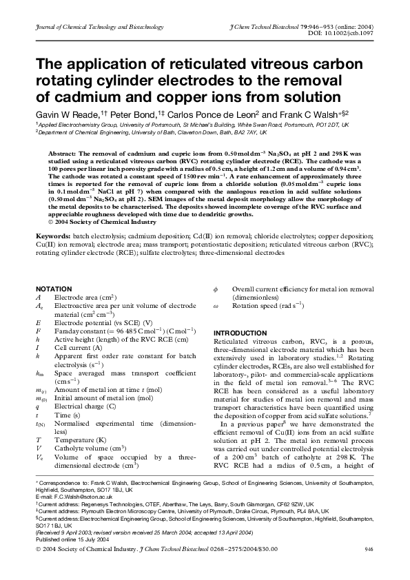 (PDF) The application of reticulated vitreous carbon rotating cylinder electrodes to the removal ...