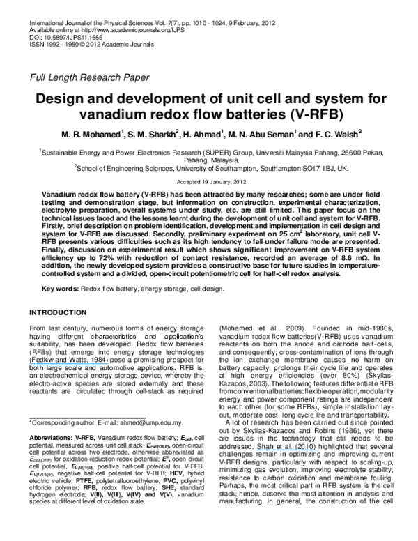 (PDF) Design and development of unit cell and system for vanadium redox ...