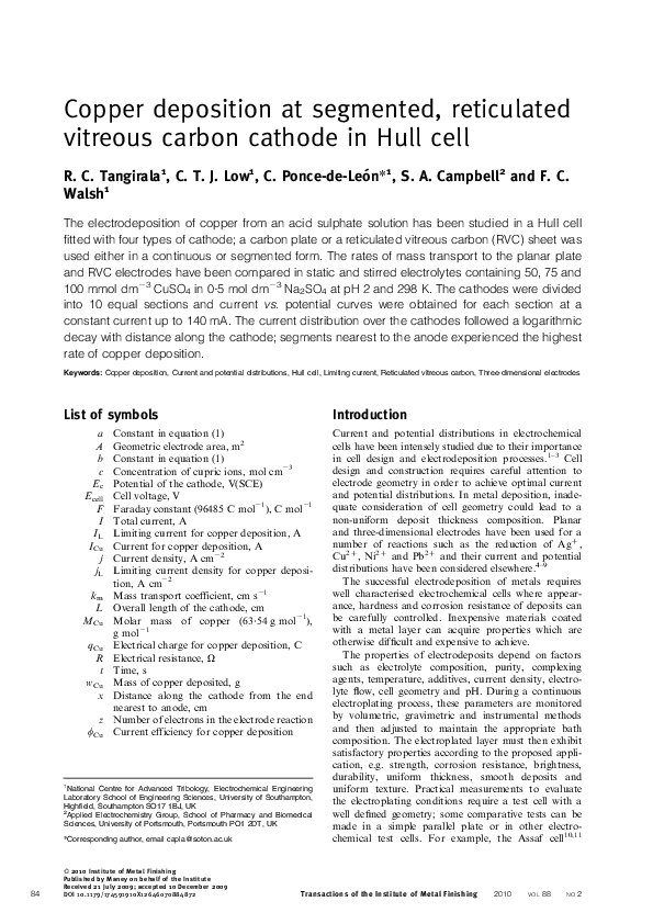 (PDF) Copper deposition at segmented, reticulated vitreous carbon cathode in Hull cell