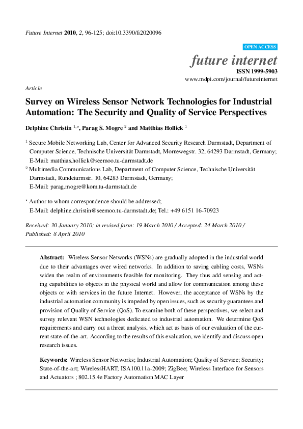 (PDF) Survey on Wireless Sensor Network Technologies for Industrial Automation: The Security and ...