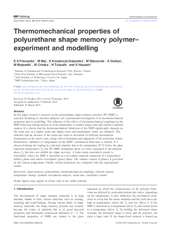 (PDF) Thermomechanical properties of polyurethane shape memory polymer–experiment and modelling