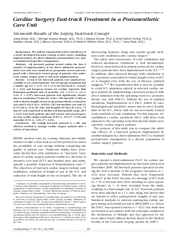 (PDF) Cardiac Surgery Fast-track Treatment in a Postanesthetic Care Unit