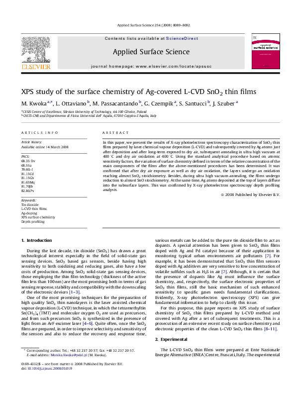 (PDF) XPS study of the surface chemistry of Ag-covered L-CVD SnO2 thin ...