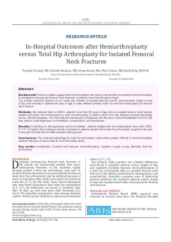 (PDF) In-Hospital Outcomes after Hemiarthroplasty versus Total Hip ...