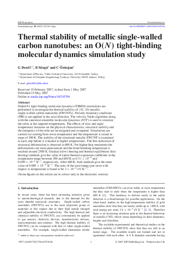 (PDF) Thermal stability of metallic single-walled carbon nanotubes: an O( N ) tight-binding ...