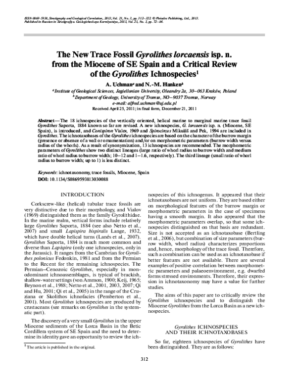 (PDF) The new trace fossil Gyrolithes lorcaensis isp. n. from the ...