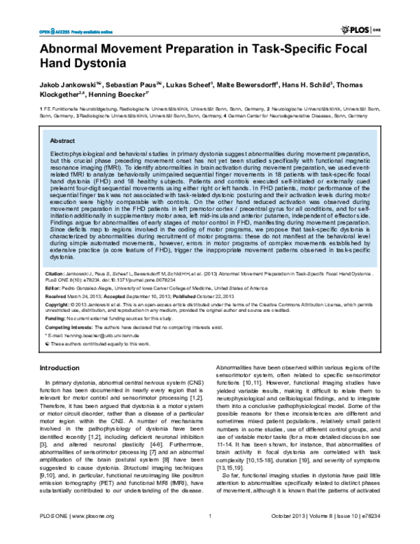 (PDF) Abnormal Movement Preparation in Task-Specific Focal Hand Dystonia