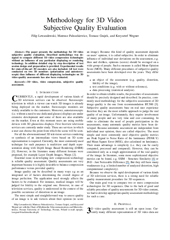 (PDF) Methodology for 3D Video Subjective Quality Evaluation
