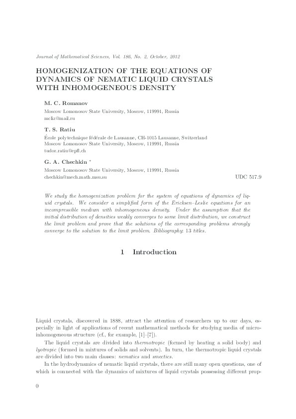 (PDF) Homogenization of the equations of dynamics of nematic liquid ...